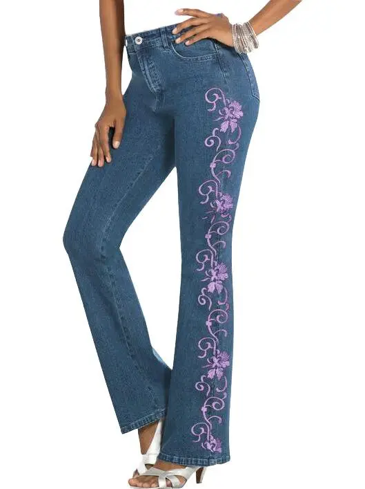 Roaman's Whitney Boot-cut Jeans With Embroidered Detailing - Blue