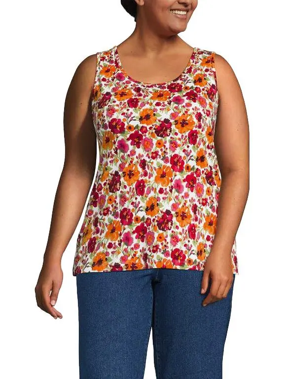 LANDS' END Cotton Tank Top - White/hot Pink Painted Blooms