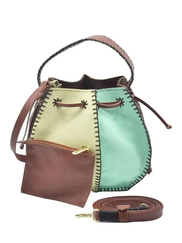 Carlos Falchi Handcrafted Paneled Leather Bucket Bag - Lemon Lime