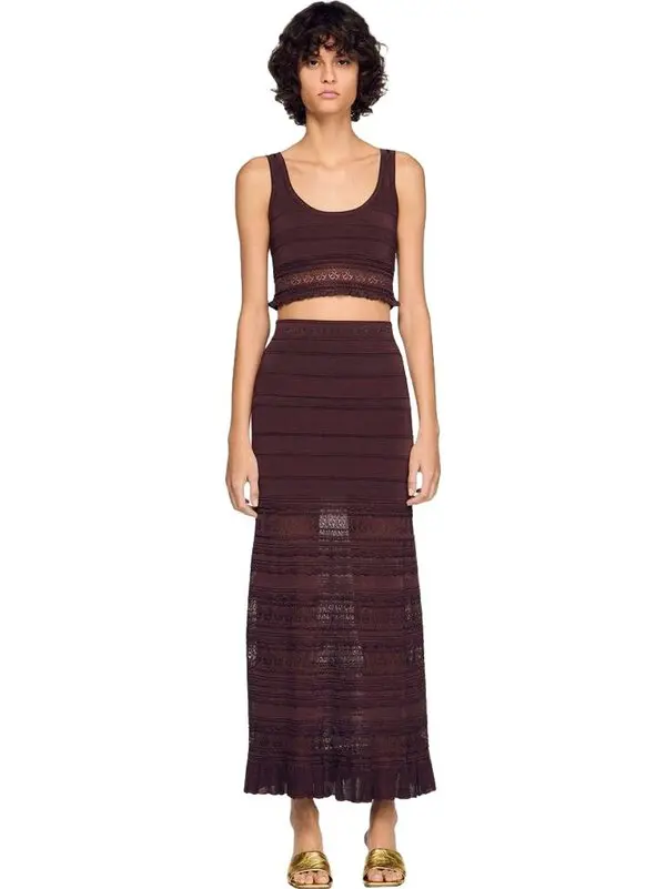 Sandro Pointelle Knit Crop Top - Brown