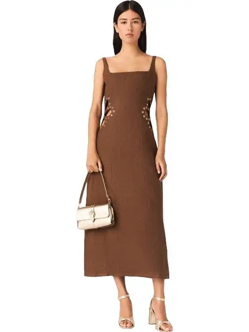 Maje Linen-blend Midi Dress With Floral Cut-outs - Brown