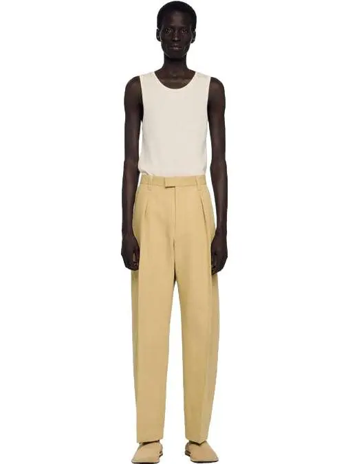 Sandro Wide Pleated Cotton-linen Trousers - Beige