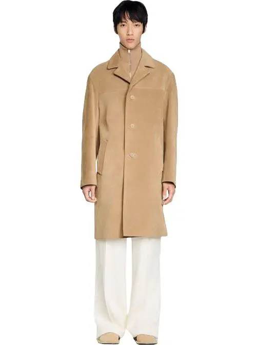 Sandro Long Belted Leather Coat - Cappucino