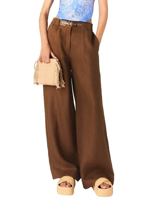 Maje Linen-blend Trousers With Gold Buckle Belt - Brown