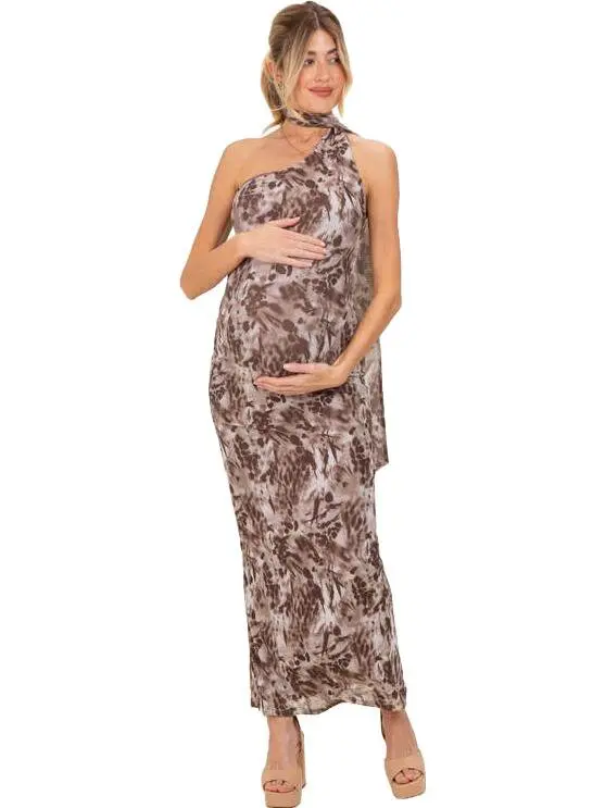 PINKBLUSH Printed Halter Maternity Maxi Dress - Mocha