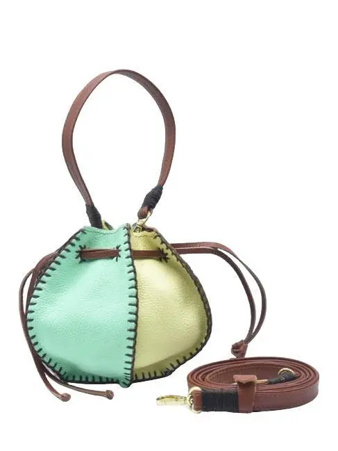 Carlos Falchi Mini Bucket Pouch Top Grain Leather Bag - Lemon Lime