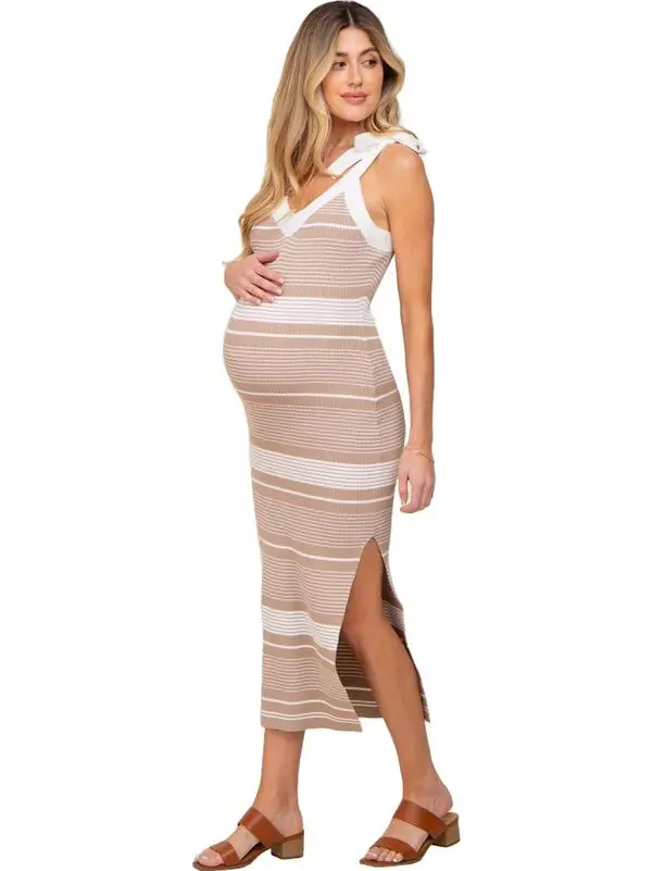 PINKBLUSH Striped Ribbed Knit Maternity Dress - Taupe