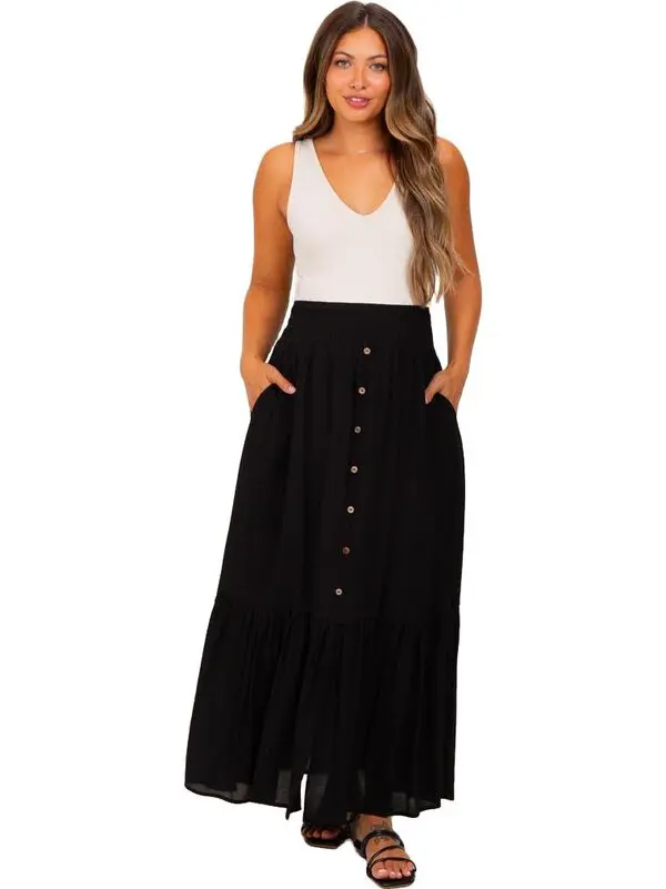 PINKBLUSH Smocked Waist Button Accent Maxi Skirt - Black