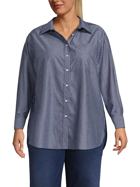 LANDS' END Oversized No Iron Poplin Tunic - Deep Sea Navy Thin Stripe