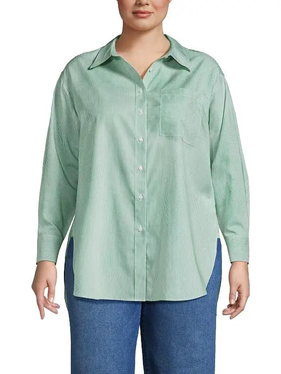 LANDS' END Oversized No Iron Tunic Shirt With Statement Collar - Vibrant Clover Mini Stripe