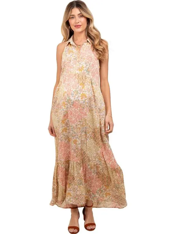 PINKBLUSH Floral Sleeveless Button Tiered Collared Maxi Dress - Peach