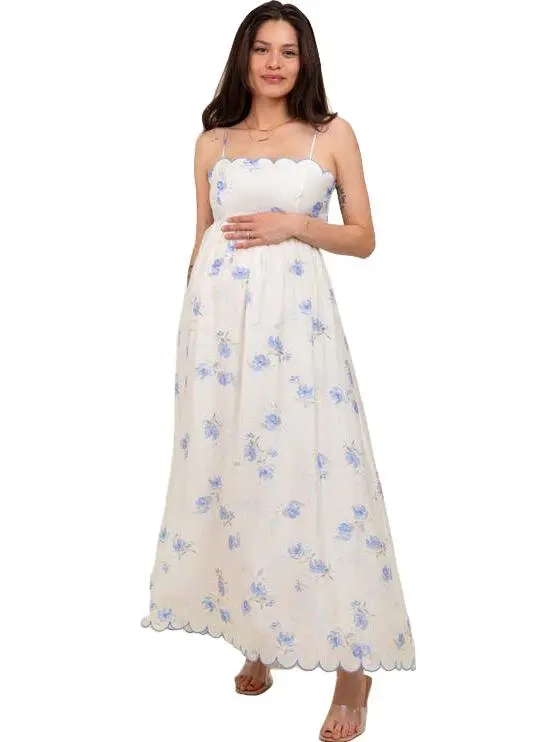 PINKBLUSH Floral Scallop Edge Back Cutout Maxi Dress - Blue