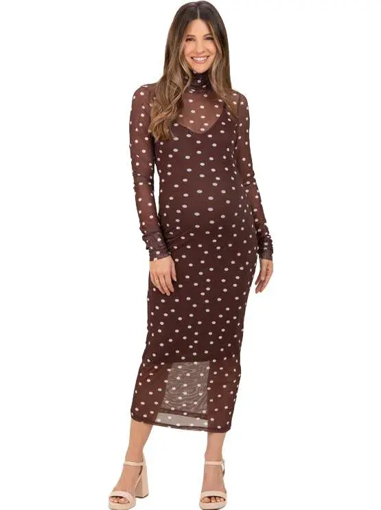PINKBLUSH Polka Dot Mesh Overlay Midi Dress - Brown
