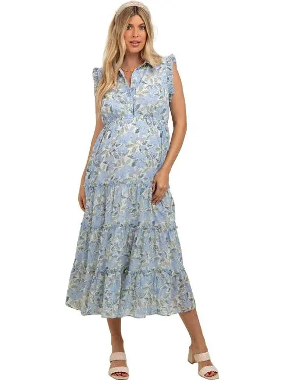 PINKBLUSH Floral Print Frilled Pocketed Maternity Midi Dress - Blue