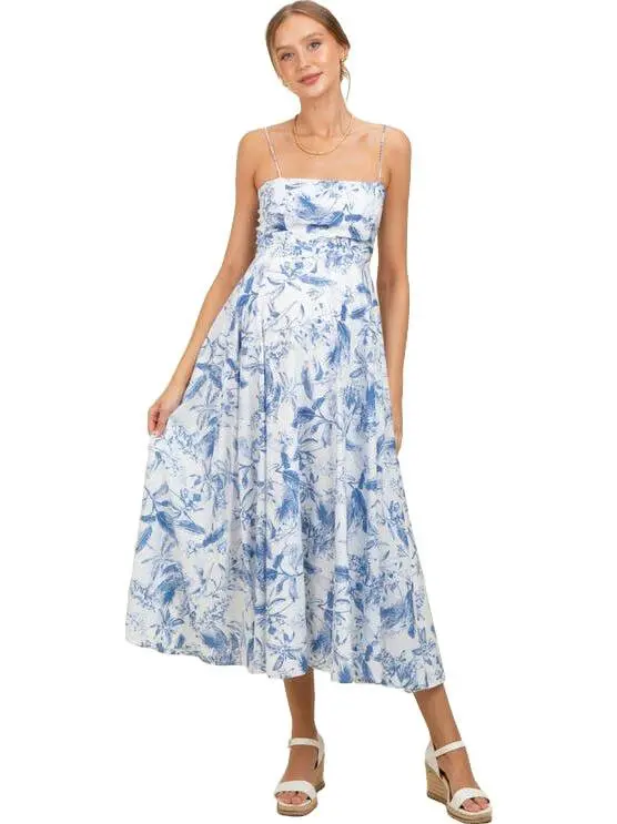 PINKBLUSH Printed A-line Midi Dress With Spaghetti Straps - Blue