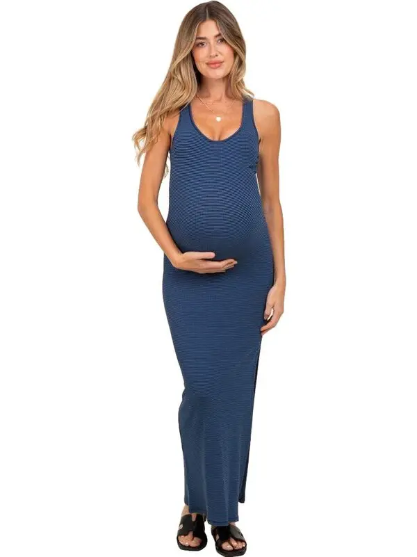 PINKBLUSH Striped Side Slit Maxi Dress - Navy Blue
