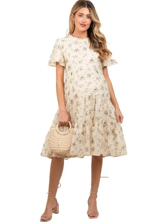 PINKBLUSH Floral Print Eyelet Lace Maternity Dress - Cream