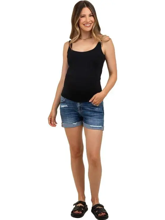 PINKBLUSH Maternity Distressed Cuffed Denim Shorts - Navy Blue