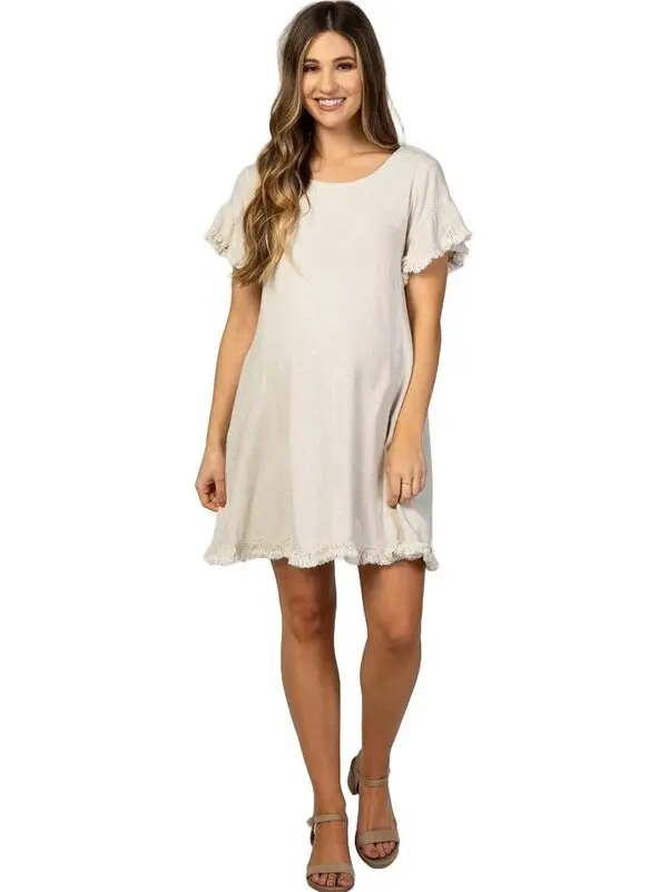 PINKBLUSH Linen Maternity Dress With Fringe Detailing - Beige