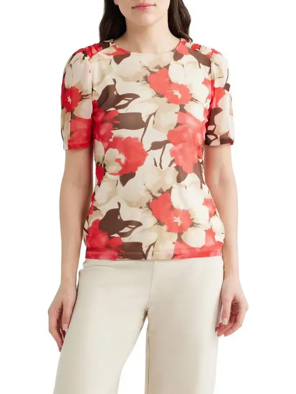 Anne Klein Floral Print Ruched Sleeve Top - White Dove Multi