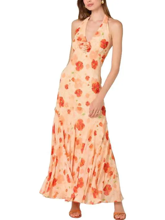 Astr The Label Yasmen Floral Plunge Halter Neck Maxi Dress - Orange Floral