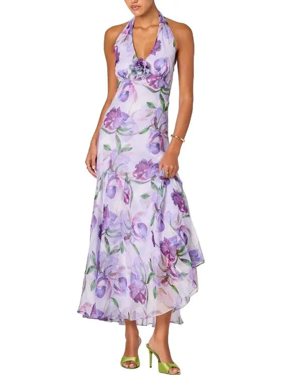 Astr The Label Yasmen Floral Plunge Halter Neck Maxi Dress - Purple Floral