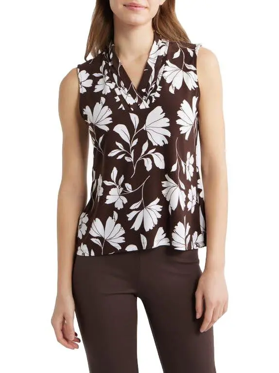 Anne Klein Floral Triple Pleat V-neck Top - Dark Chocolate