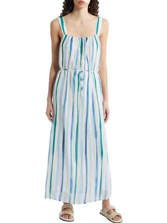 CLOTH & STONE Vertical Stripe Pleated Tie Waist Midi Dress - Sea Glass Brush Stroke