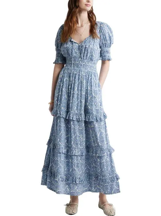 Treasure & Bond Smock Waist Ruffle Trim Maxi Dress - Blue Lace Allover
