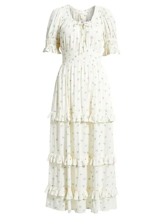 Treasure & Bond Smock Waist Ruffle Trim Maxi Dress - Ivory- Blue Garden Ditsy