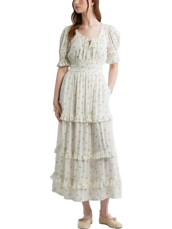 Treasure & Bond Smock Waist Ruffle Trim Maxi Dress - Ivory- Blue Garden Ditsy