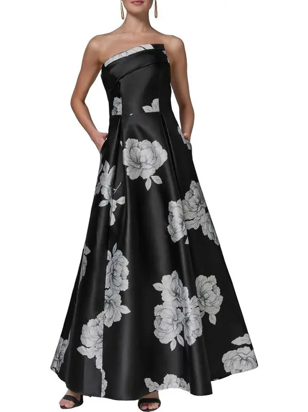 Donna Karan New York One-shoulder Floral Gown - Black/cream