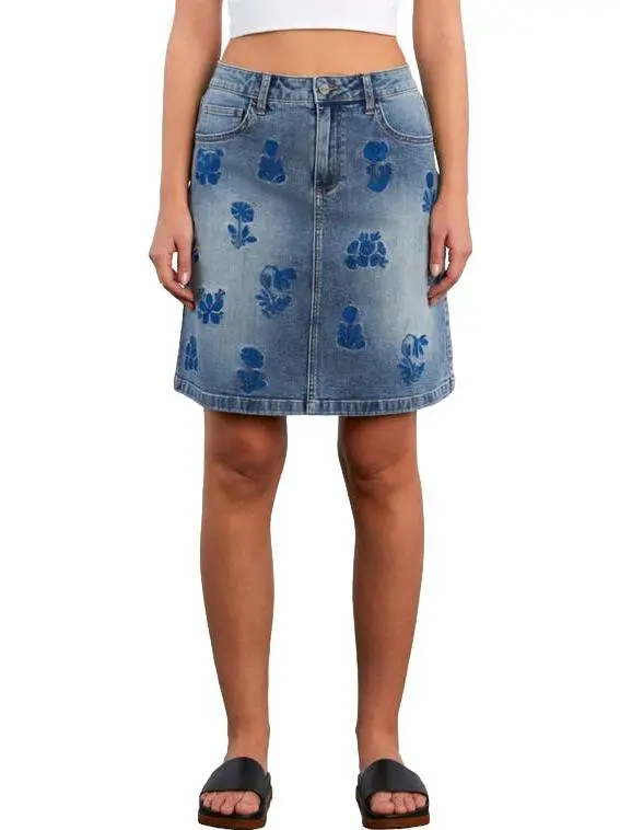 HINT OF BLU Wildflower Floral Embroidered Denim Skirt - Classic Blue