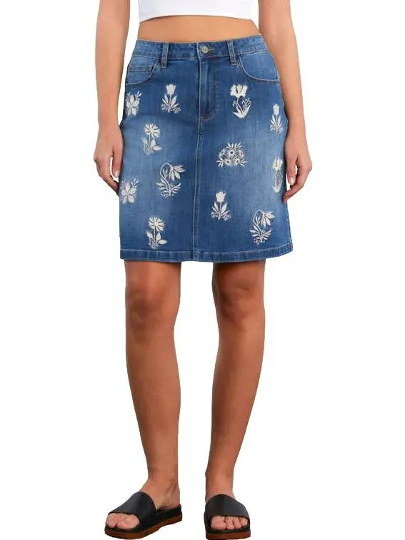 HINT OF BLU Wildflower Floral Embroidered Denim Skirt - Vintage Blue