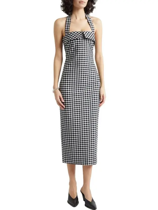 Posse Chiara Gingham Halter Neck Pencil Dress - Black/white