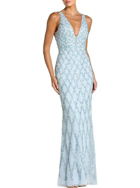 Mac Duggal Sequined Plunge Neck Sleeveless Column Gown - Ice Blue