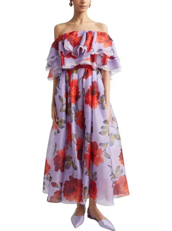 Carolina Herrera Rose Print Silk Organza Midi Dress - Violeta Multi