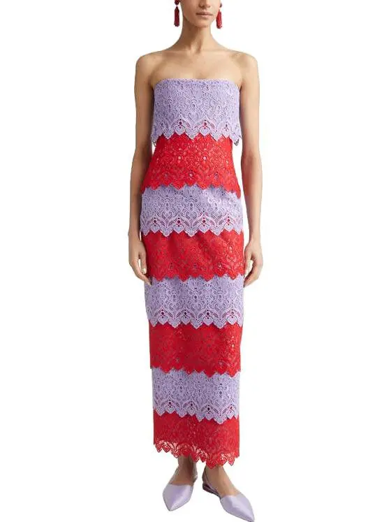 Carolina Herrera Colorblock Lace Strapless Column Dress - Herrera Red Multi