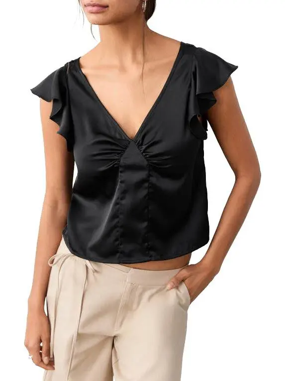 Mango Satin Ruffle Top - Black