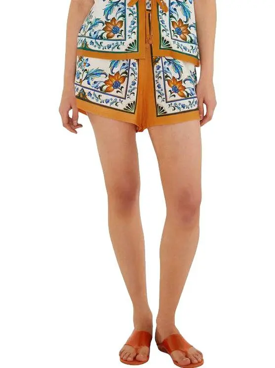 Farm Rio Flora Tile Print Linen Blend Shorts - Flora Tile Off-white