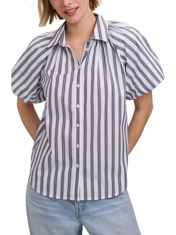Foxcroft Striped Puff Sleeve Button-up Shirt - Black/white