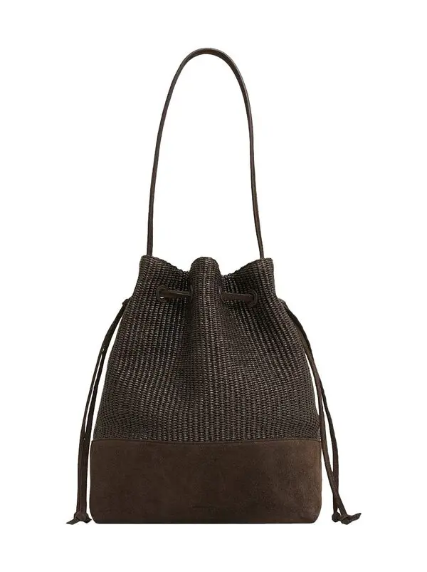 MANSUR GAVRIEL Drawstring Woven Raffia And Suede Bucket Bag - Ebony
