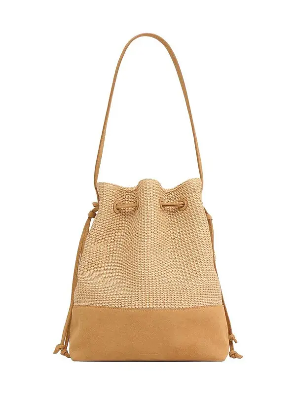 MANSUR GAVRIEL Drawstring Woven Raffia And Suede Bucket Bag - Natural