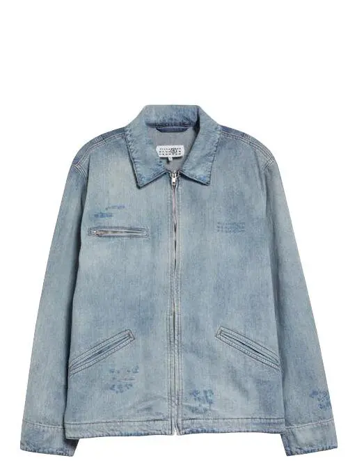 MAISON MARGIELA Distressed Zip-up Denim Trucker Jacket - Light Blue