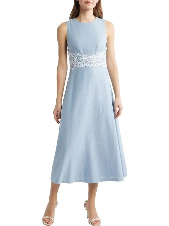 Anne Klein Lace Trim Linen-blend Midi Dress - Lagoon/crisp White