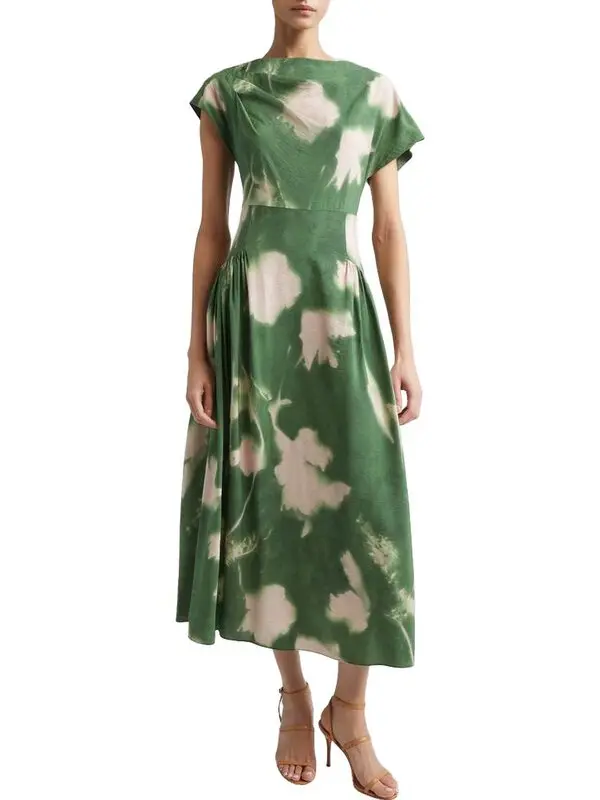 Lela Rose Abstract Floral Draped Crepe A-line Midi Dress - Cactus