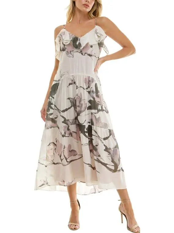 SOCIALITE Floral Ruffle Midi Dress - Ivory Grey Brown