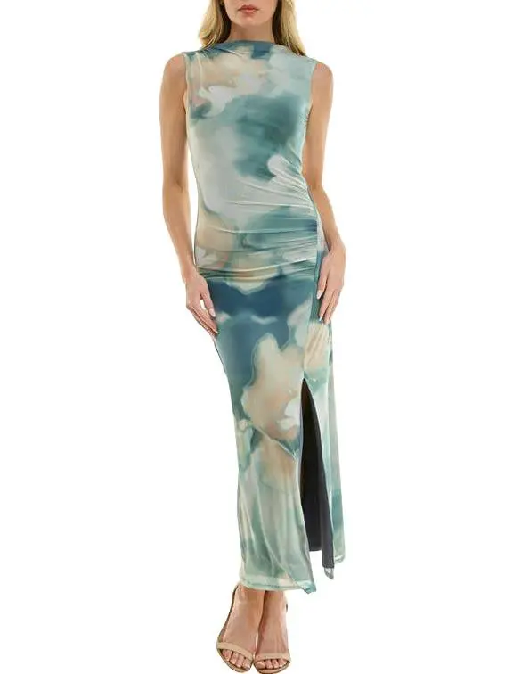 SOCIALITE Abstract Print Ruched Maxi Dress - Teal Cream