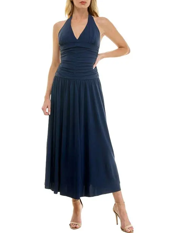 SOCIALITE Ruched Halter Midi Dress - Navy