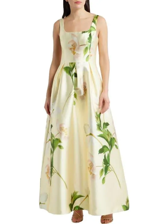 Julia Jordan Floral Print Satin Gown - Yellow Multi